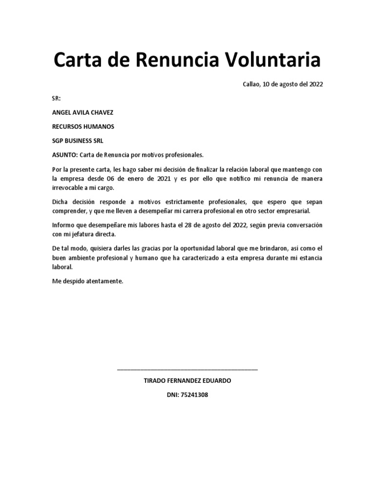 Carta de Renuncia-Tirado Fernandez Eduardo | PDF