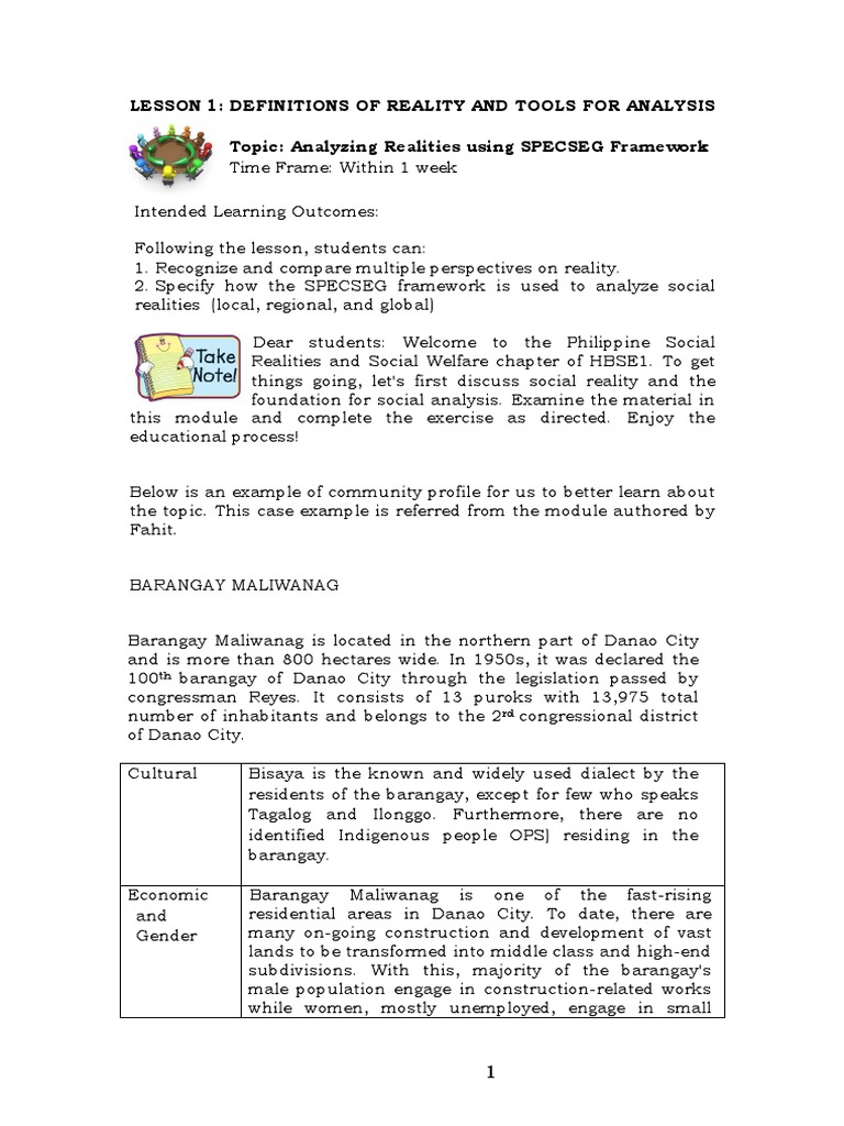 Lesson 1: Definitions of Reality and Tools For Analysis Topic: Analyzing Realities Using SPECSEG ...