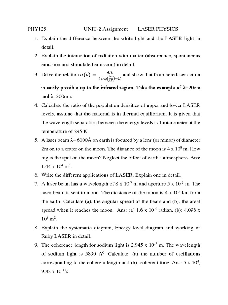 Laser Physics Assignment Overview | PDF | Laser | Light