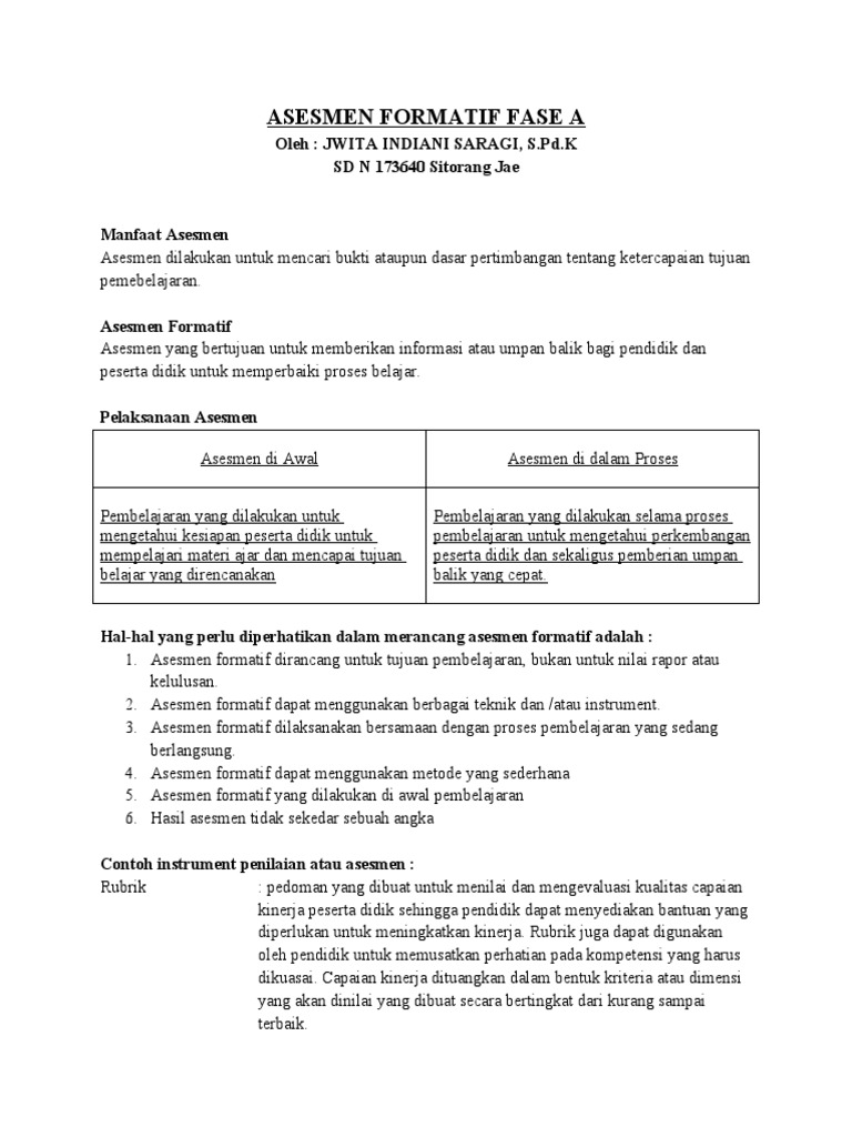 Asesmen Formatif Fase A (Jwi) | PDF