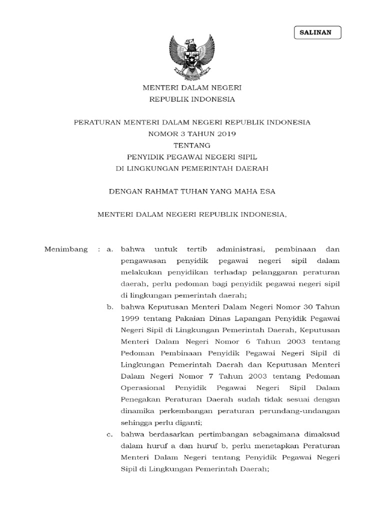 Peraturan Menteri Dalam Negeri Republik Indonesia Nomor 3 Tahun 2019 Tentang Penyidik Pegawai ...