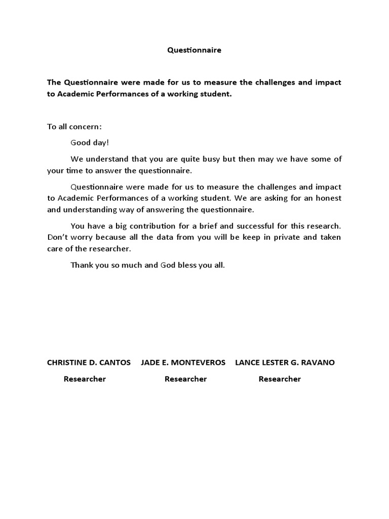 Front Page For Questionnaire | PDF