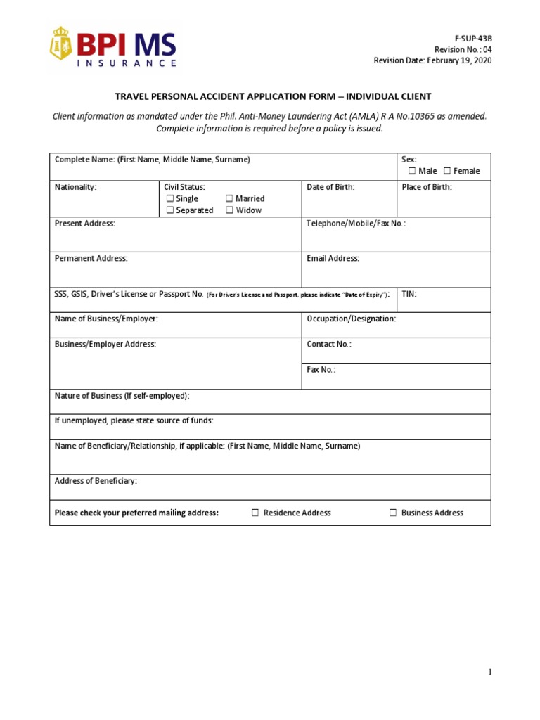 BPI-MS Insurance Form 2020 | PDF