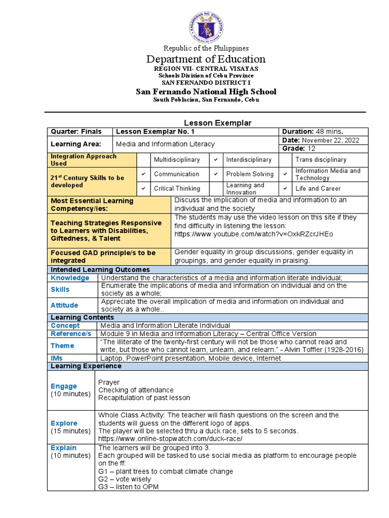 CO 1 III - 12 - Learning Exemplar - MIL Q2 W3 | PDF | Media (Communication) | Social Media