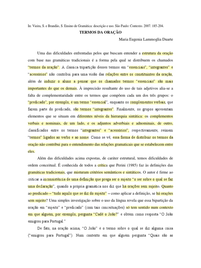 Duarte - Termos Da Oração-Revisto-1 | PDF | Assunto (gramática ...