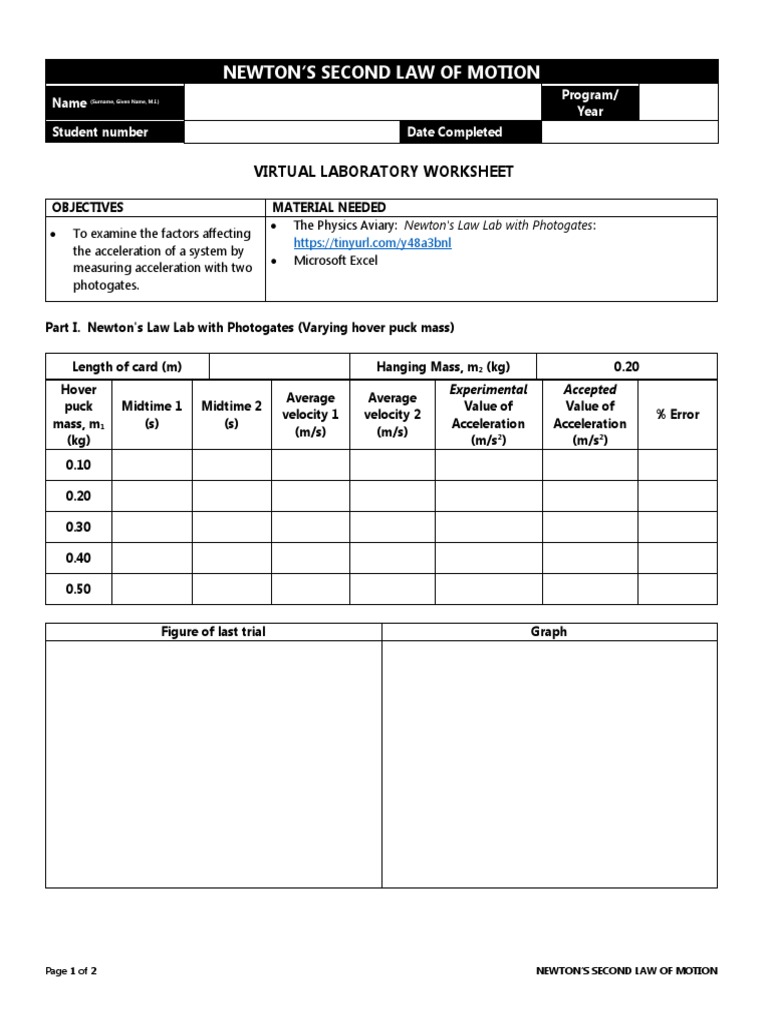 E101 Newton's 2nd Law of Motion Data Sheet | PDF | Mass | Acceleration