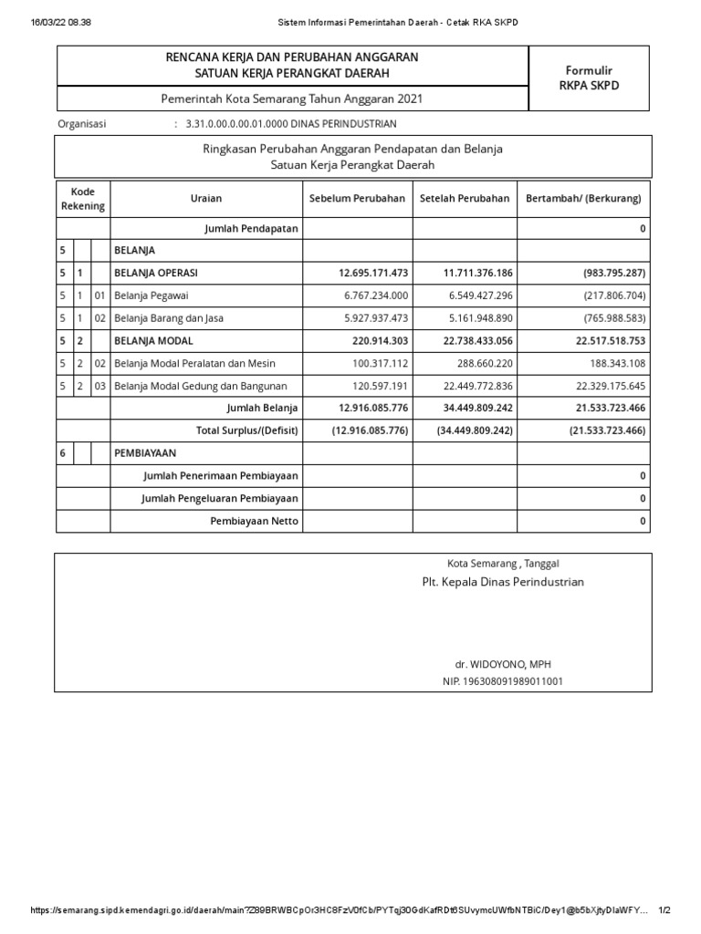 Cover Rka Perubahan 2021 Disperin | PDF
