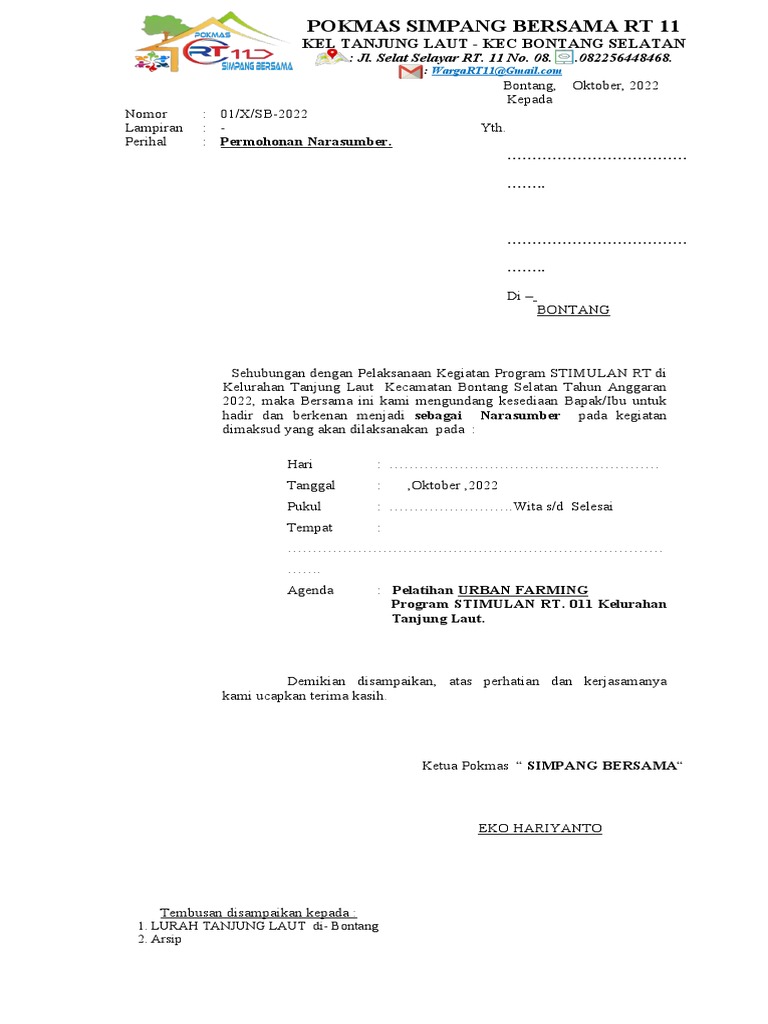 Surat - Permohonan Narasumber Pelatihan Umkm | PDF