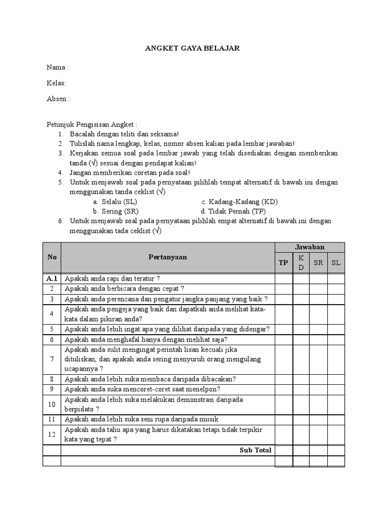 Angket Gaya Belajar | PDF