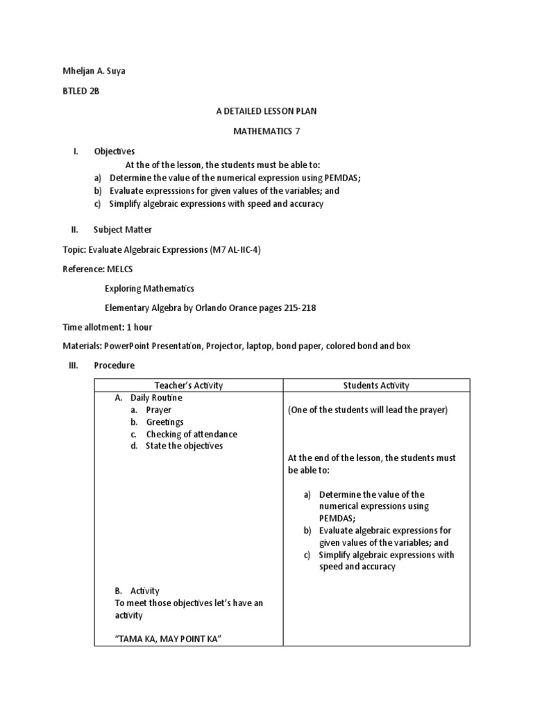 Mheljan 4as Detailed Lesson Plan | PDF | Mathematics Mheljan 4as Detailed Lesson Plan | PDF | Mathematics