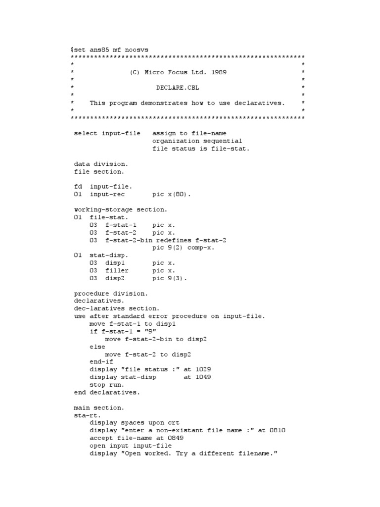 COBOL File Declaration Example | PDF | Computers | Technology & Engineering