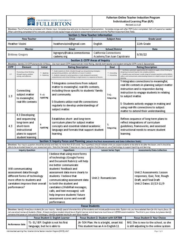 Individualized Learning Plan Fall 2022-Heather Vizzini | PDF ...