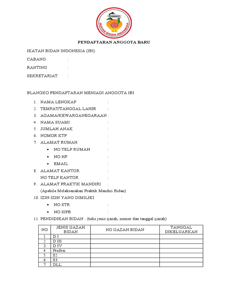 Pendaftaran Anggota Baru Ibi | PDF