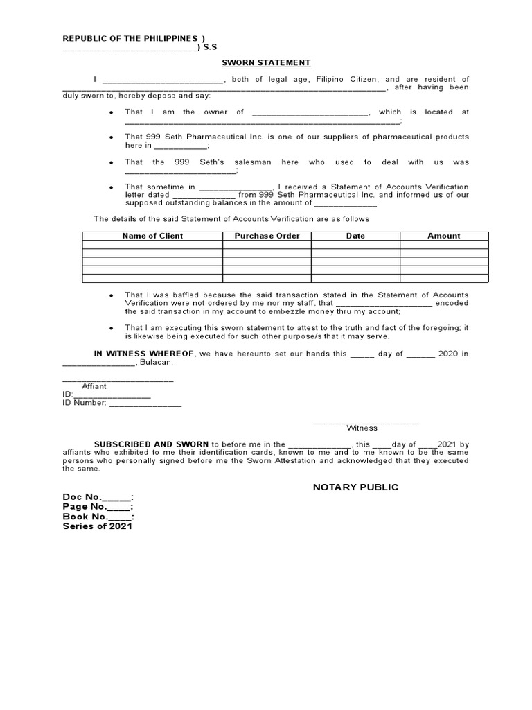 Sworn Statement- Sample Goods | PDF | Civil Law (Common Law ...