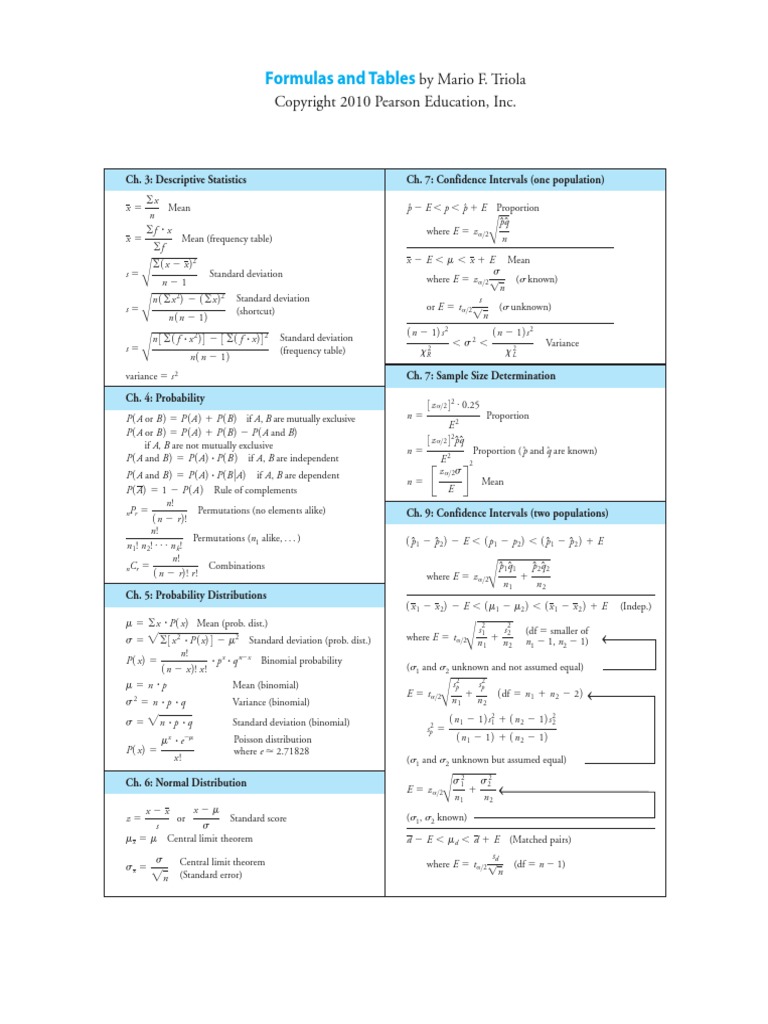 Formulas and Tables For Statistics | PDF | P Value | Standard Deviation