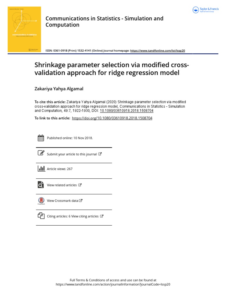 Shrinkage Parameter Selection Via Modified Cross Validation Approach For Ridge Regression Model ...