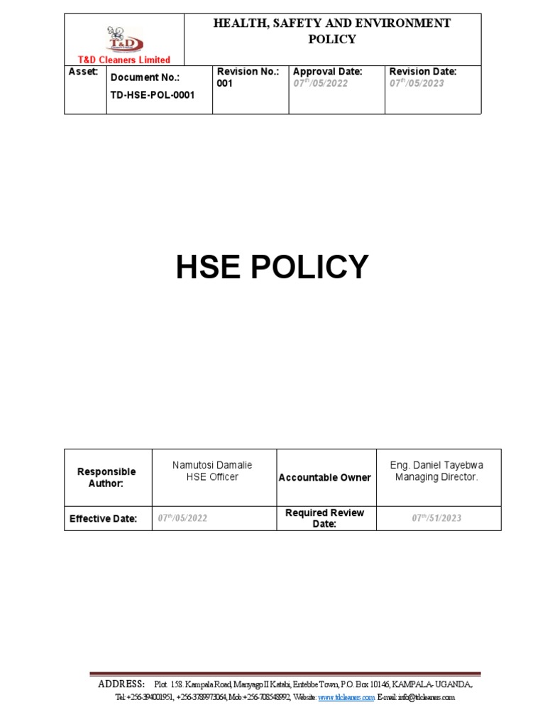 T&D-HSE-POL 0001 HSE Policy-Manual | PDF | Personal Protective ...