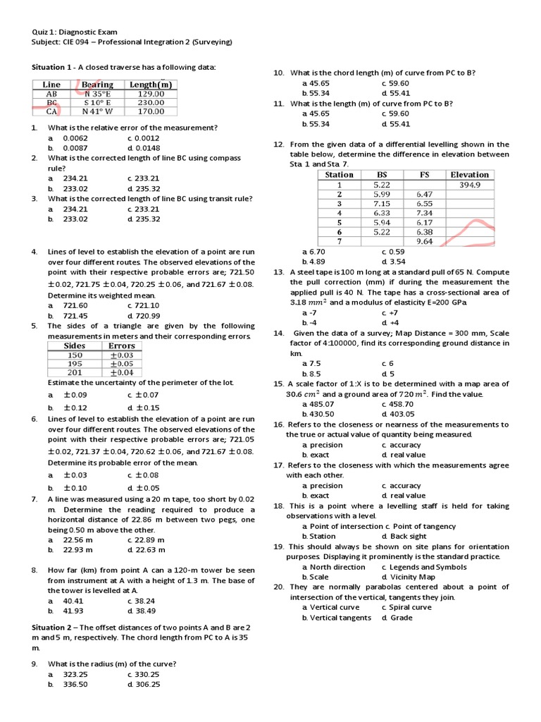 Quiz 1 - Diagnostic Exam - CIE 094 | PDF | Accuracy And Precision | Surveying
