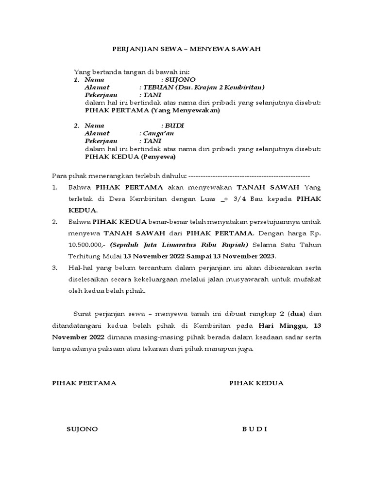 Surat Perjanjian Sewa Sawah | PDF