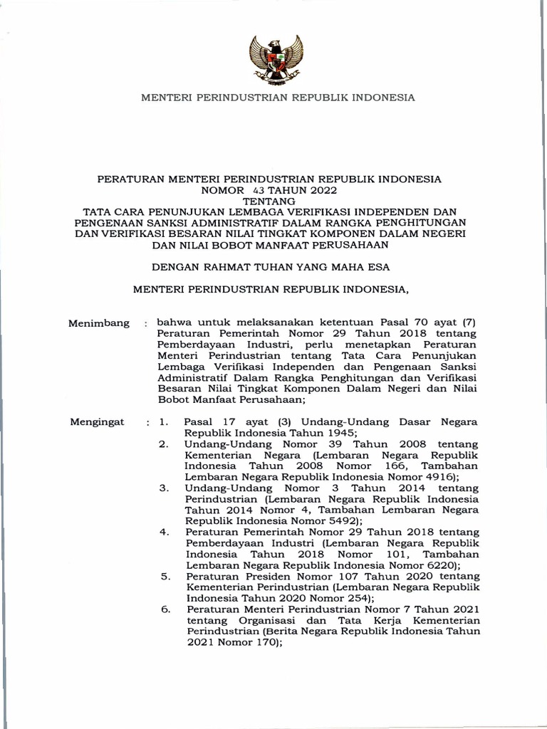2022-Permenperin Nomor 43 Tahun 2022 | PDF
