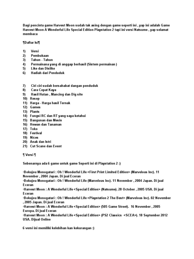 Panduan Lengkap Harvest Moon AWL SE | PDF | Memasak, Makanan, & Anggur