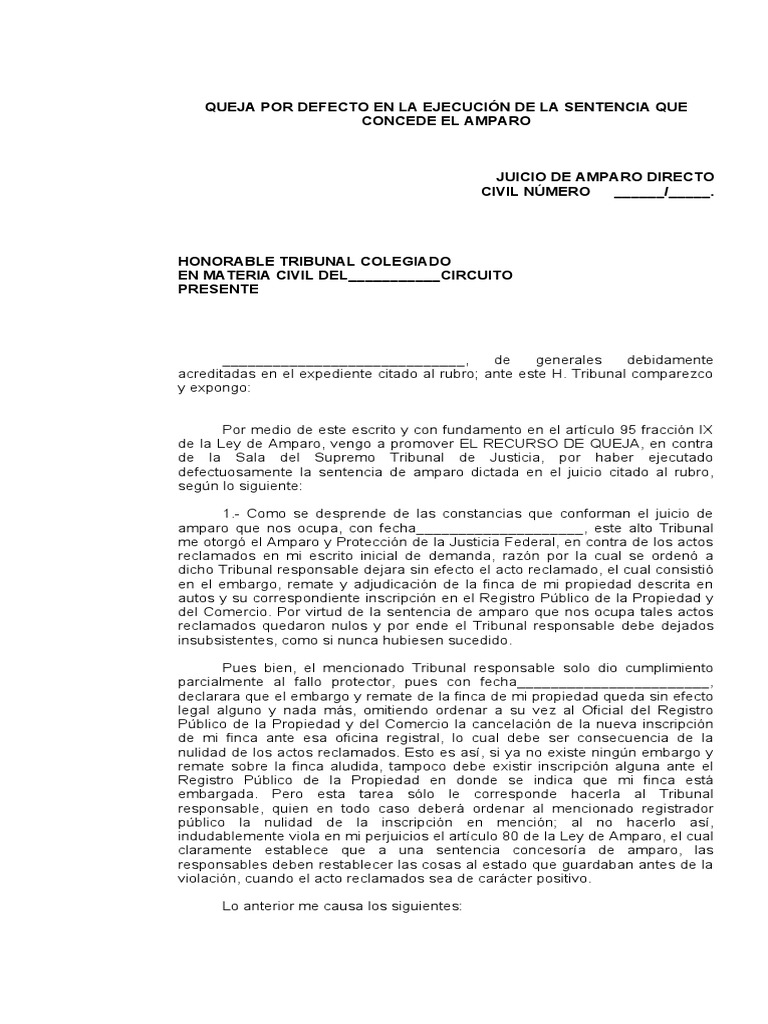 Recurso de Queja Por Exceso o Defecto | PDF | Sentencia (ley) | Violación