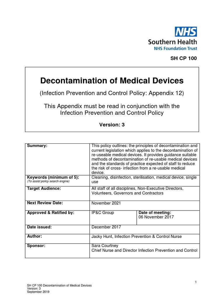 Decontamination of Medical Devices V3Sept2019 | PDF | Disinfectant ...
