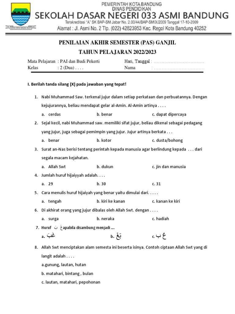 Soal PAS PAI Kelas 2 SD | PDF