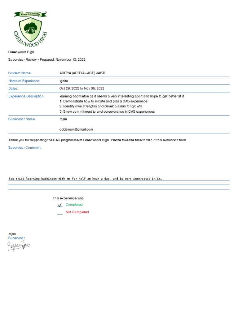 CAS Completion Form - JASTI ADITYA ADITYA JASTI - Ignite | PDF