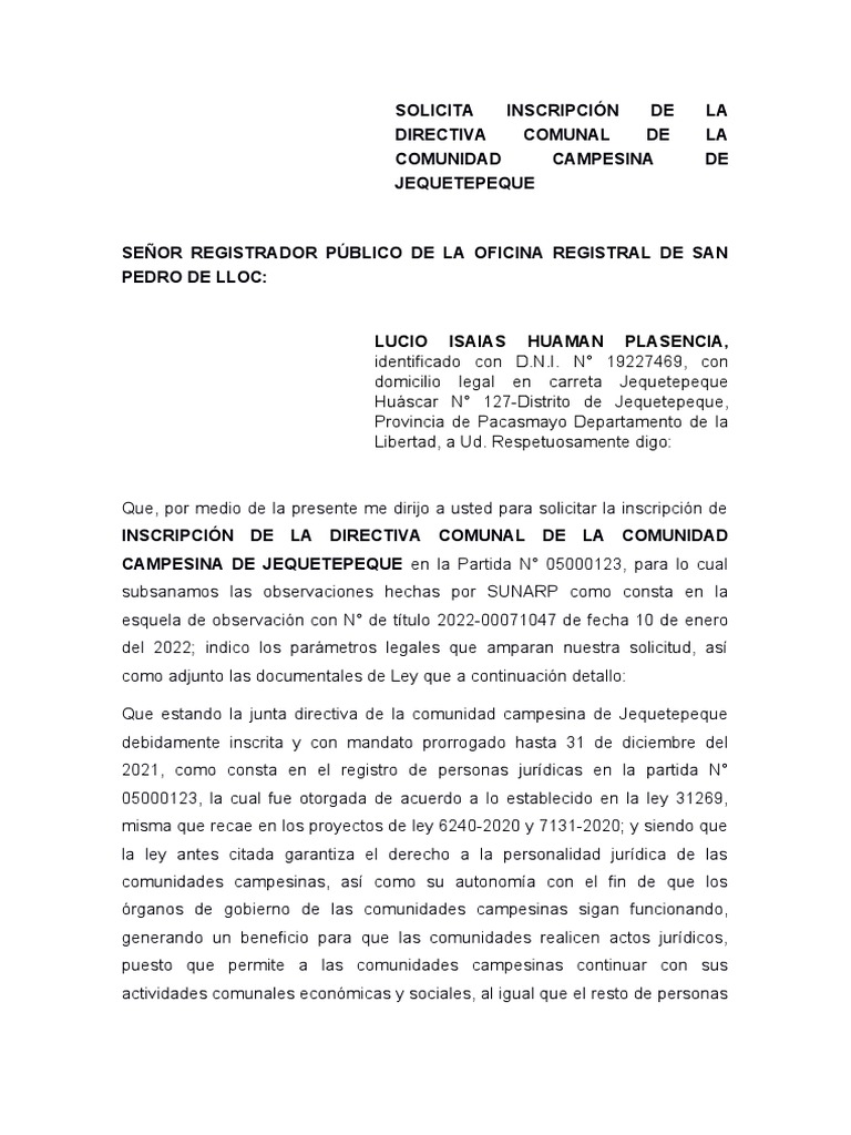 Escrito para Registros Publicos Inscripcion de Junta Directiva 2022 - Jequetepeque | PDF ...