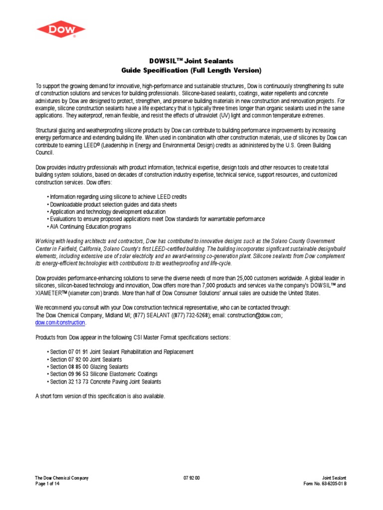 63 6205 01 Architectural Specifications Section 07 92 00 | PDF ...