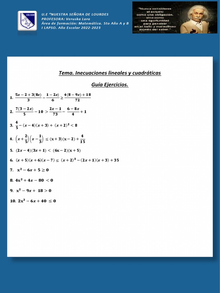 Guía de Inecuaciones Lineales y Cuadráticas | PDF