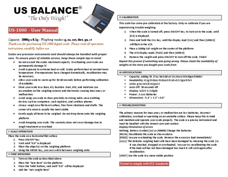 US-1000 Digital Scale User Manual | PDF | Battery (Electricity ...