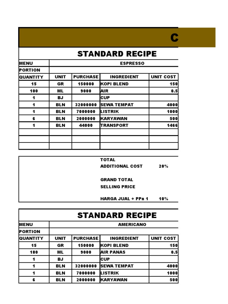 Coffee Stand Standard Recipes | PDF | Foods | Food And Drink Preparation