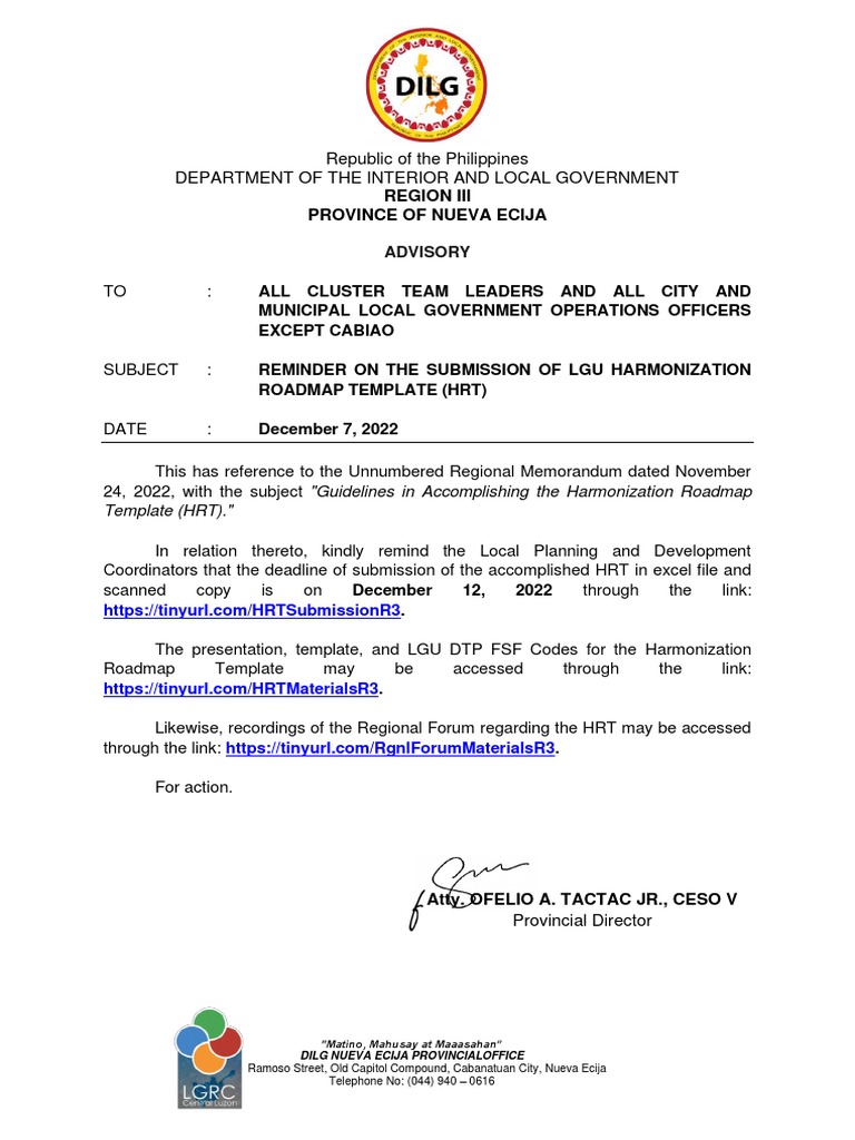 Advisory Re Submission of Harmonization Roadmap Template | PDF