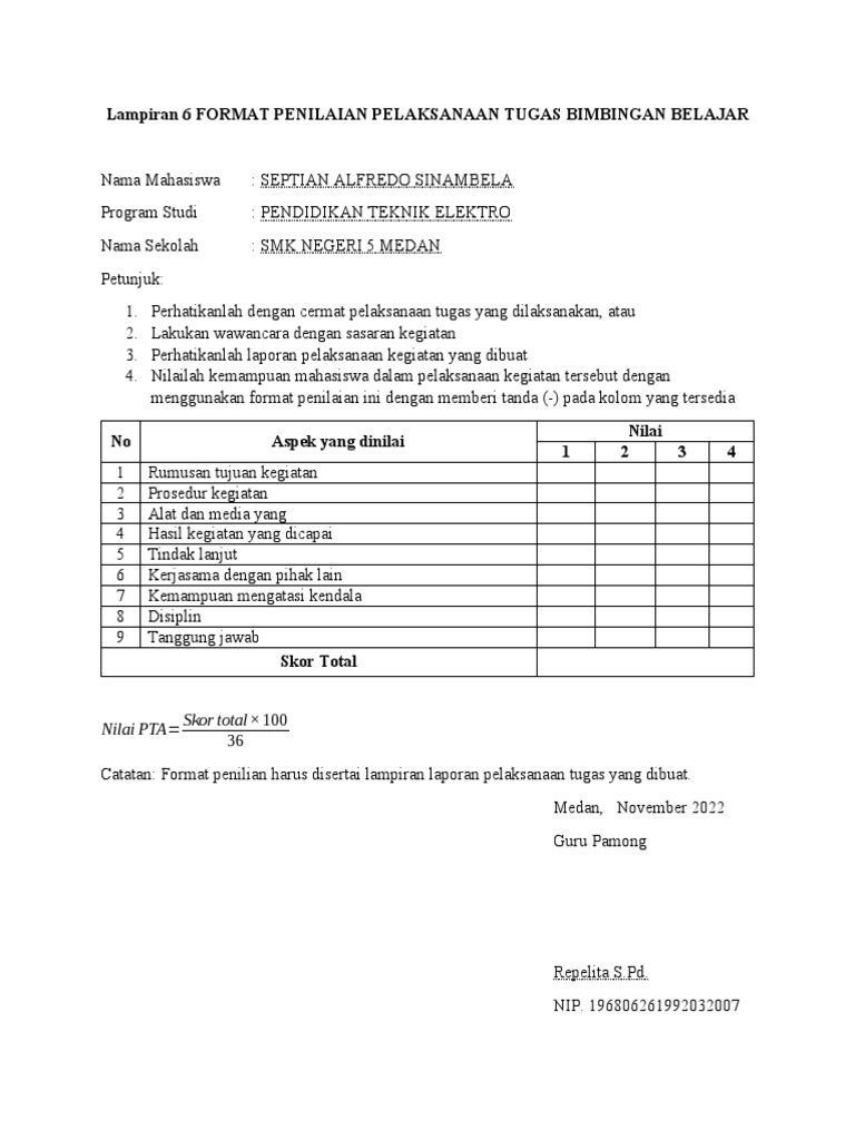 Lampiran 6 FORMAT PENILAIAN PELAKSANAAN TUGAS BIMBINGAN BELAJAR (GP) | PDF