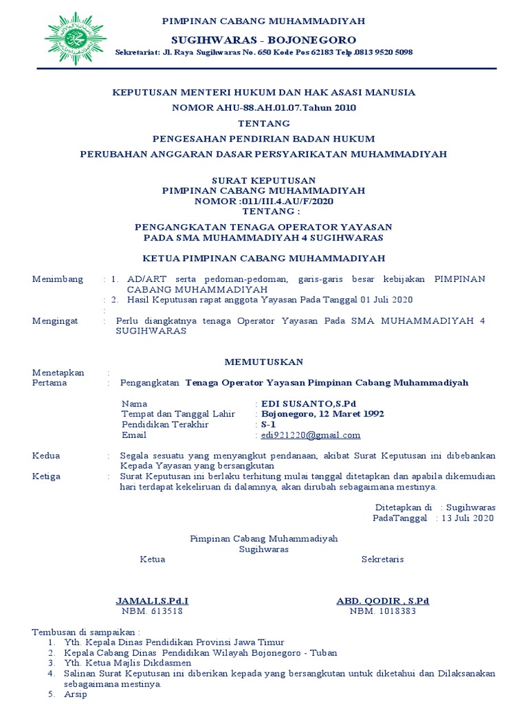 Contoh SK Operator Yayasan | PDF