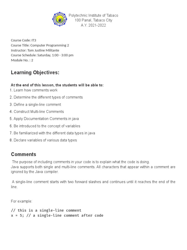 It 3 Computer Programming 2 Module 2 Pdf Java Programming Language Variable Computer 