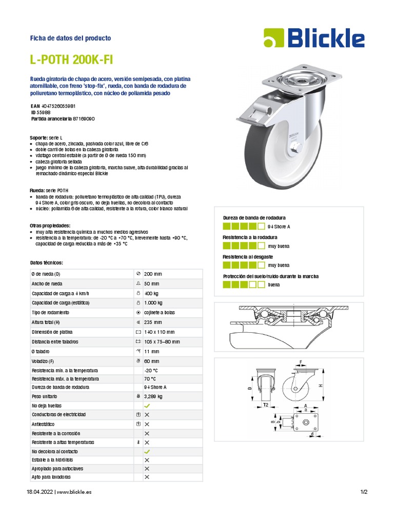 Rueda Giratoria L-POTH 200K-FI Blickle | PDF | Neumático | Rodamiento ...