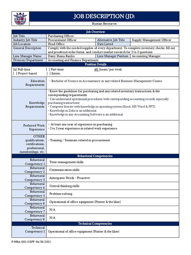 JD-Purchasing Officer | PDF | Leadership | Accounts Payable