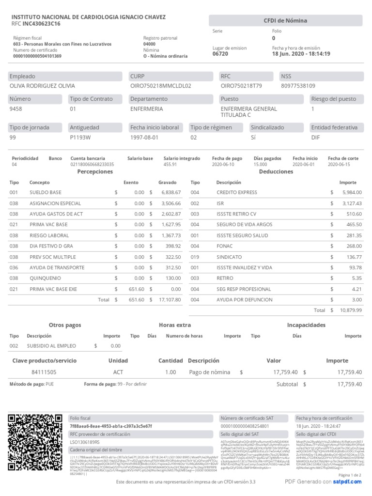 Instituto Nacional de Cardiologia Ignacio Chavez CFDI de Nómina 0 06720 ...