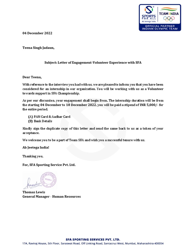 Letters of Engagement for Volunteer Interns at SFA Sporting Service Pvt ...