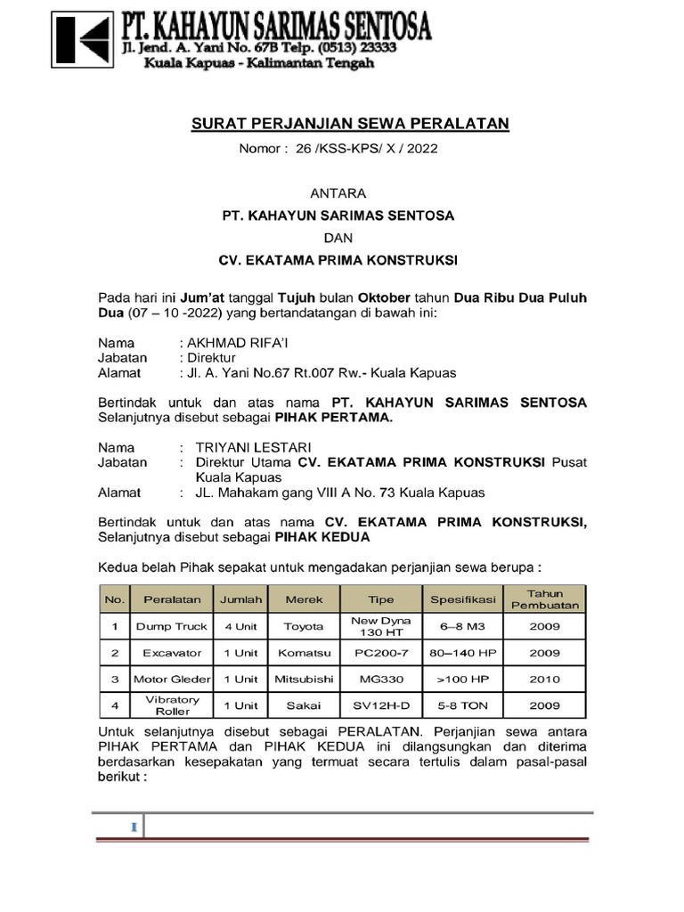 Perjanjian Sewa Alat PT - KSS | PDF