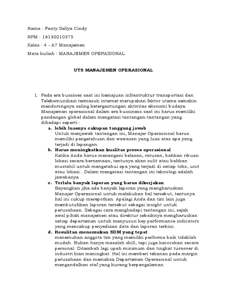 Uts Manajemen Operasional | PDF