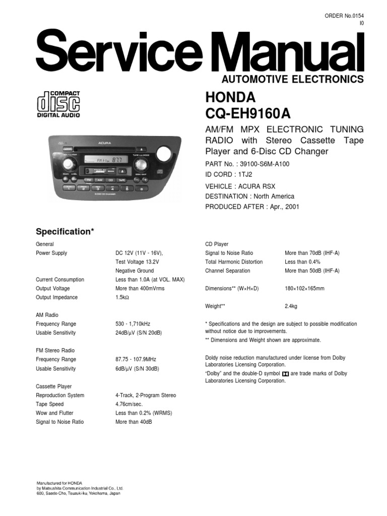 Panasonic Cq-Eh9160a Honda | PDF | Frequency Modulation | Electrical Engineering