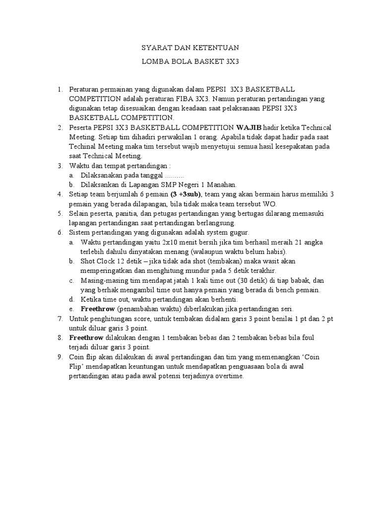 Syarat Dan Ketentuan Lomba Basket 3x3 | PDF | Olahraga & Rekreasi