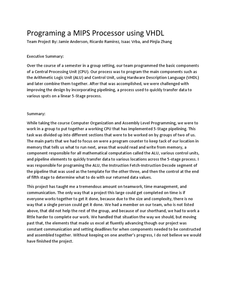 Project Programing A Mips Processor Using Vhdl Download Free Pdf Central Processing Unit 