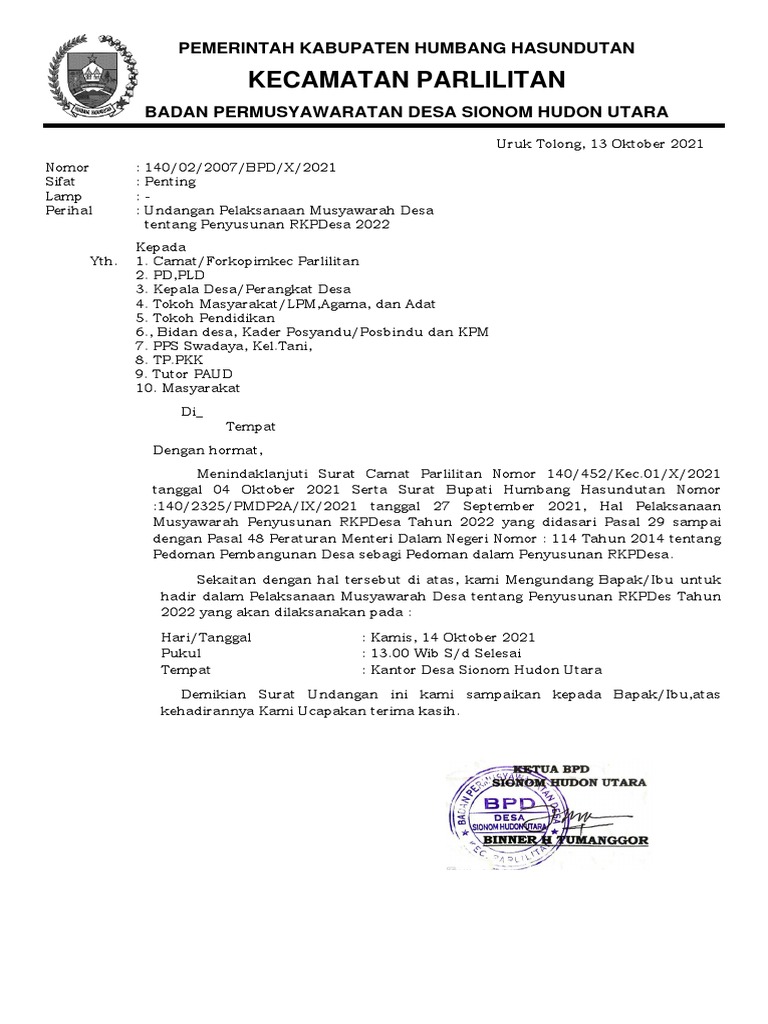 UNDANGAN RKPDes 2022 | PDF