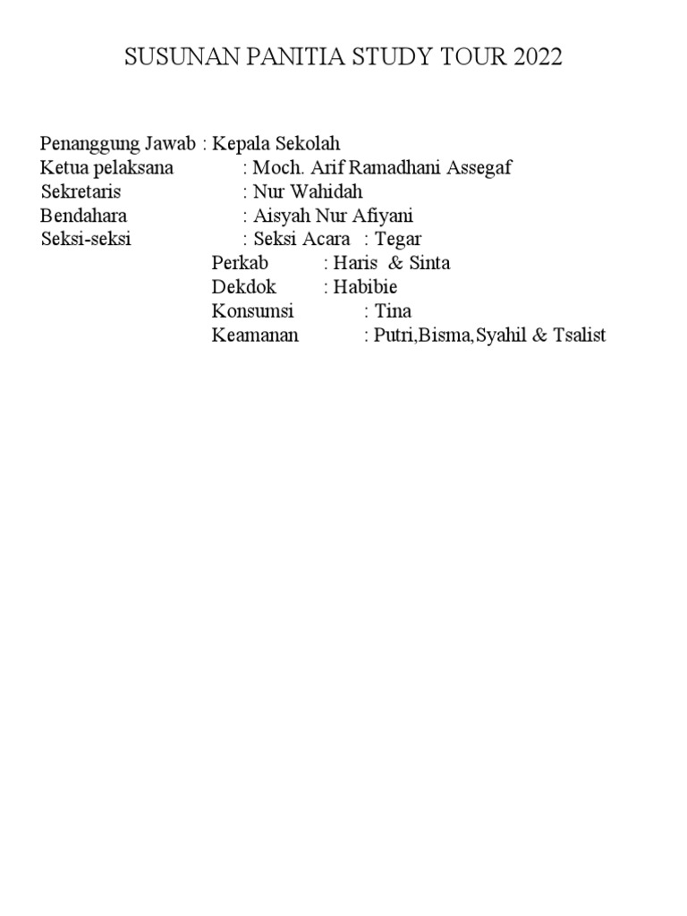 Susunan Panitia Study Tour 2022 | PDF