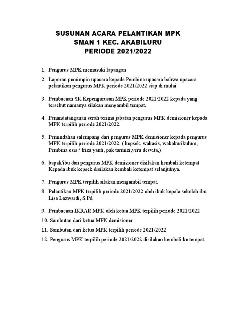 Susunan Acara Pelantikan MPK | PDF